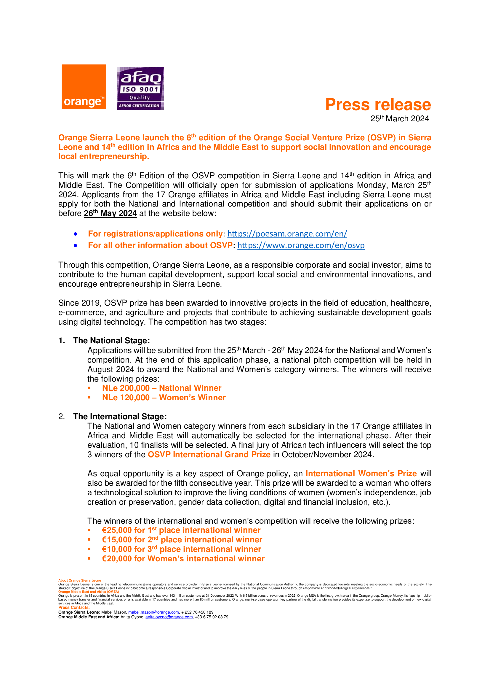 Press Release OSVP 2024 | Orange Sierra Leone